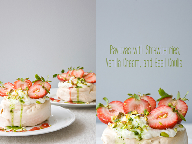 Pavlovas with Strawberries, Vanilla Cream, and Basil Coulis Recipe